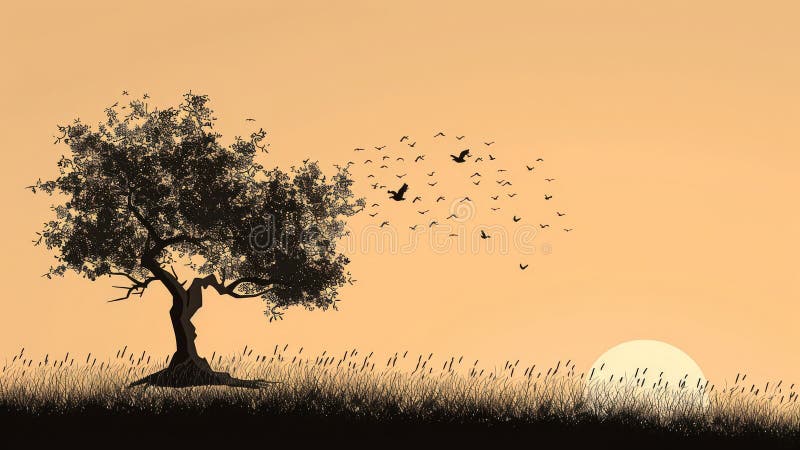 Silhouette of Tree and Birds at Sunset Stock Illustration ...