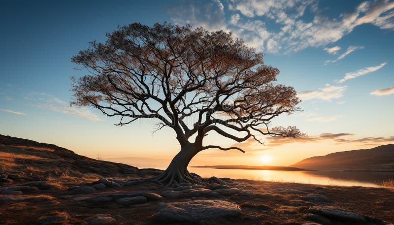 Silhouette of Tree Branch Backlit by Sunset Over Tranquil Water ...