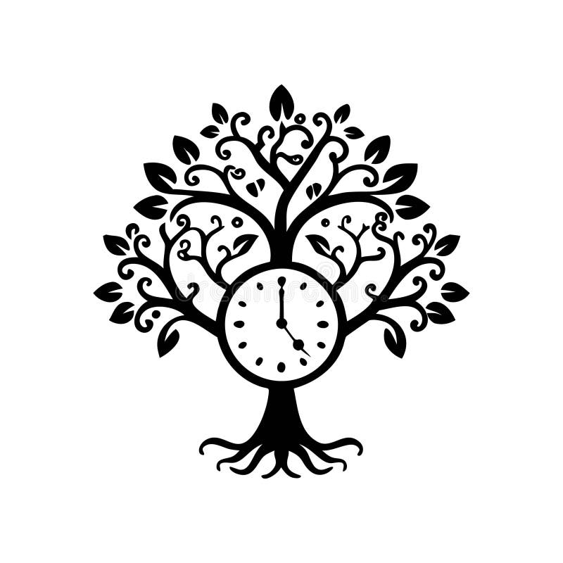 Tree of Time: Symbolic Silhouette with Clock Illustration Stock Vector ...