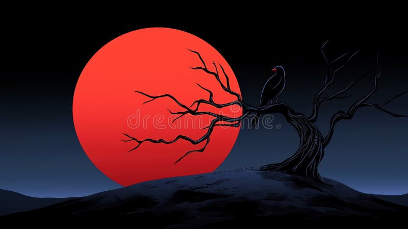 Silhouette of a Tree and Crow Against a Large Red Sun at Dusk Stock ...