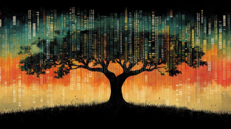 A Silhouette of a Tree with Digital Data Flowing Around it, Symbolizing ...
