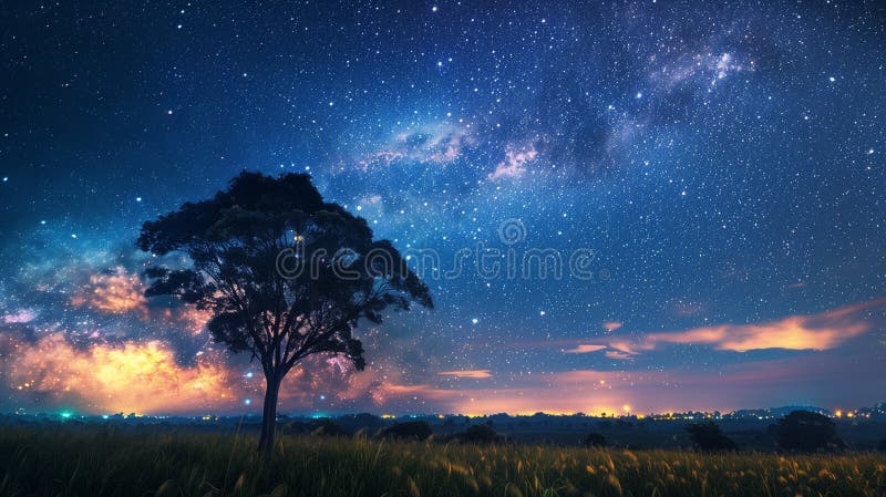 Silhouette of Tree in Field, Starry Night Sky Stock Illustration ...
