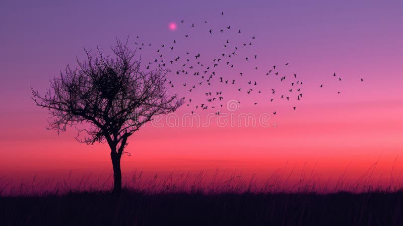 Silhouette of Tree with Flying Birds at Sunset 3d Render Stock ...
