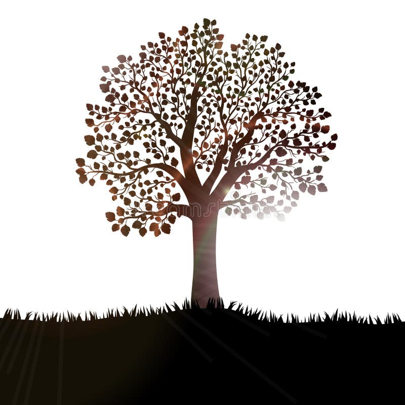 Silhouette of Tree with Leaves on Hill Stock Vector - Illustration of ...