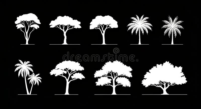 Silhouette Tree Line Drawing Set, Side View, Tropical Trees Including ...