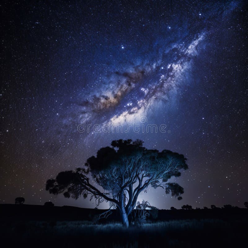 Silhouette of Tree and Milky Way in the Night Sky. Generated AI Stock ...