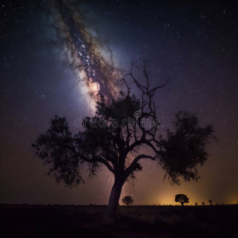 Silhouette of Tree and Milky Way in the Night Sky. Generated AI Stock ...