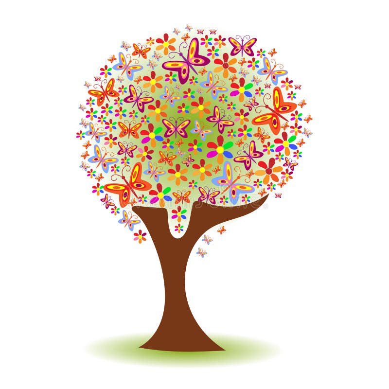 Silhouette of a Tree with a Pattern of Butterflies and Flowers Stock ...