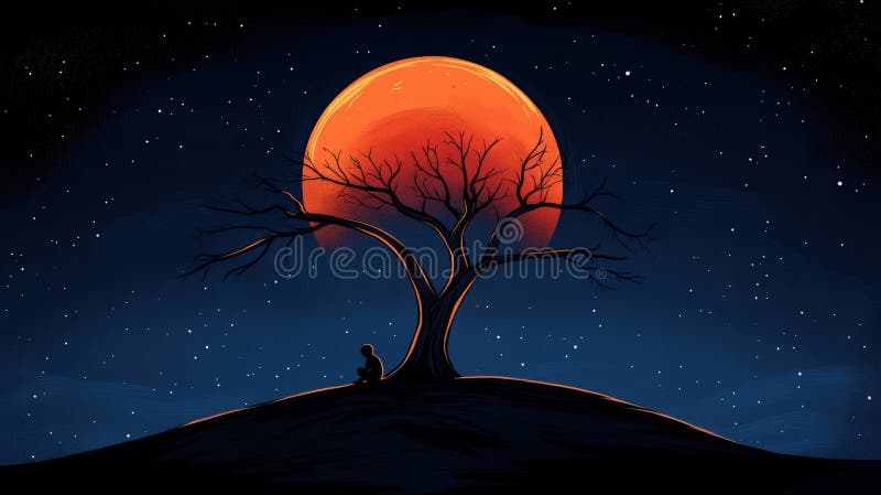 Silhouette of a Tree and Person Under a Large Orange Moon in a Starry ...