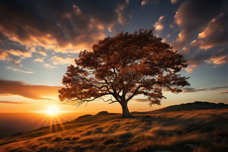 Silhouette of a Tree with Sun Rays in the Background Stock Illustration ...