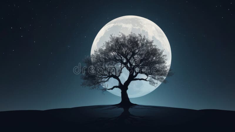Silhouette of a Tree Under a Full Moon Stock Illustration ...