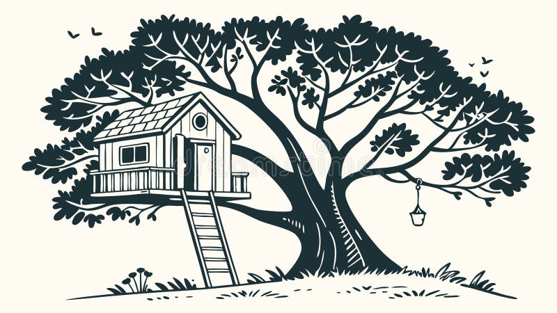 Silhouette of a Treehouse in a Sprawling Tree Vector Graphic, Vector ...