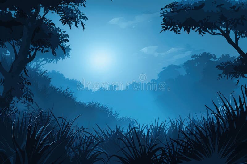 A Silhouette of Trees and Grass in a Blue Twilight Sky Stock ...