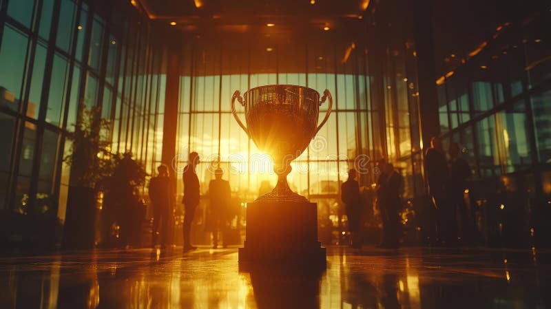 Silhouette of a Trophy Against a Sunset Backdrop in a Modern Office ...