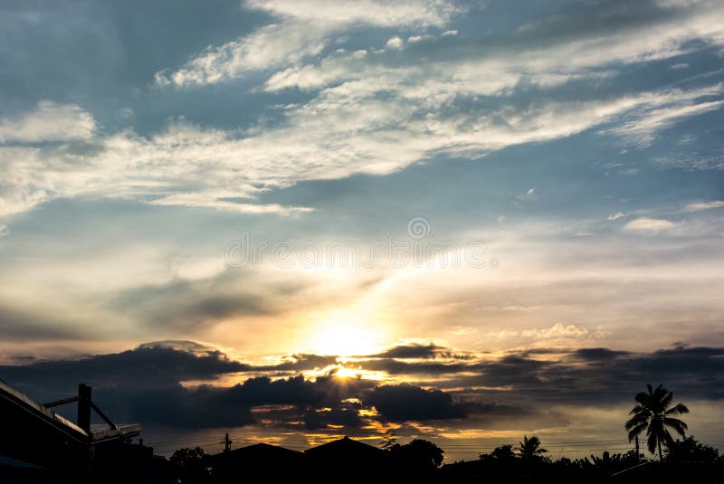Silhouette of Tropical City during Sunset Time. Stock Image - Image of ...