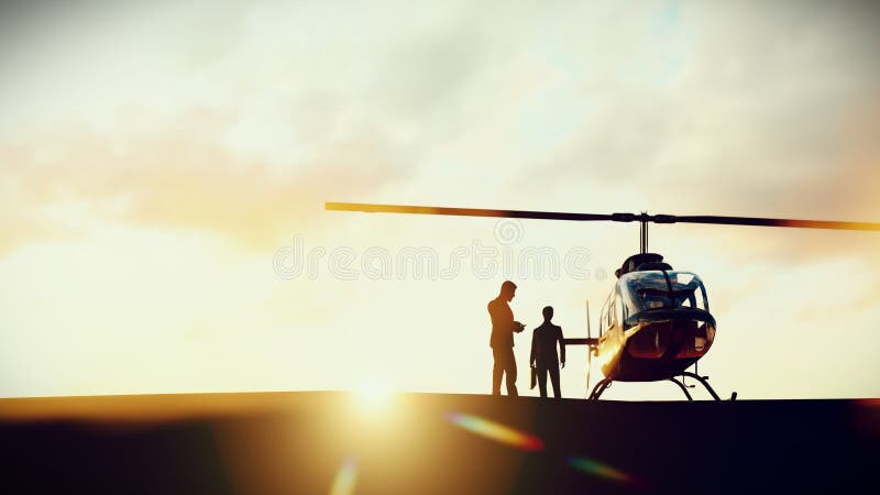 Silhouette Two Businessman Waiting for Helicopter Get Ready for Flying ...