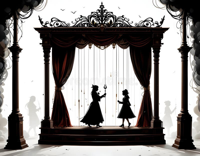 Silhouette of Two Characters Performing on Stage with Ornate Decoration ...