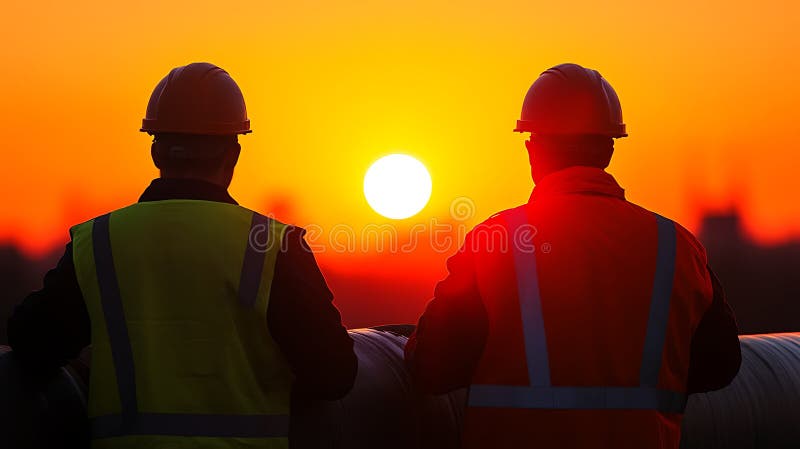 Silhouette of Two Construction Workers at Sunset Stock Illustration ...