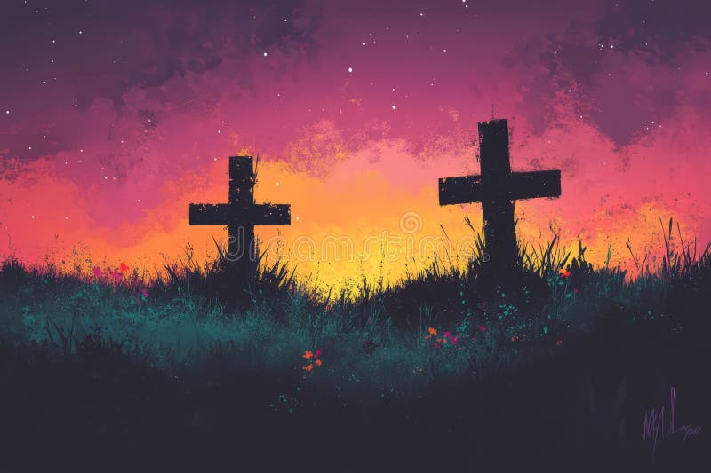 Silhouette of Two Crosses at Sunset, Peaceful and Serene Stock ...