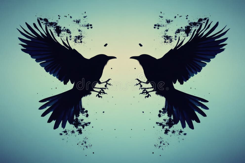 Silhouette of Two Crows in Flight with Artistic Ink Splatter on a ...