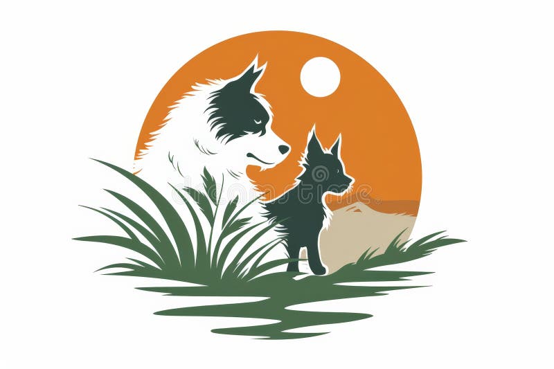 Silhouette of Two Dogs with an Orange Sunset Background. Stock ...