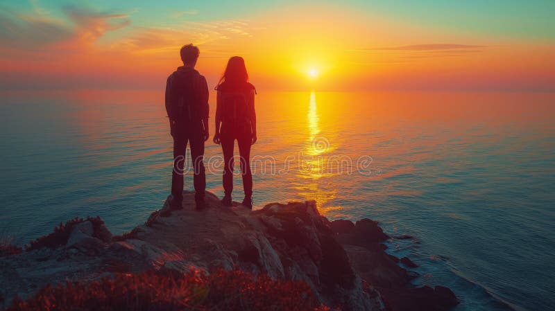Silhouette of Two Hikers People Holding Hands on Edge of Ocean Cliff ...