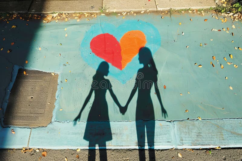Heart-Shaped Shadow of Two People Holding Hands on Sidewalk. Generative ...