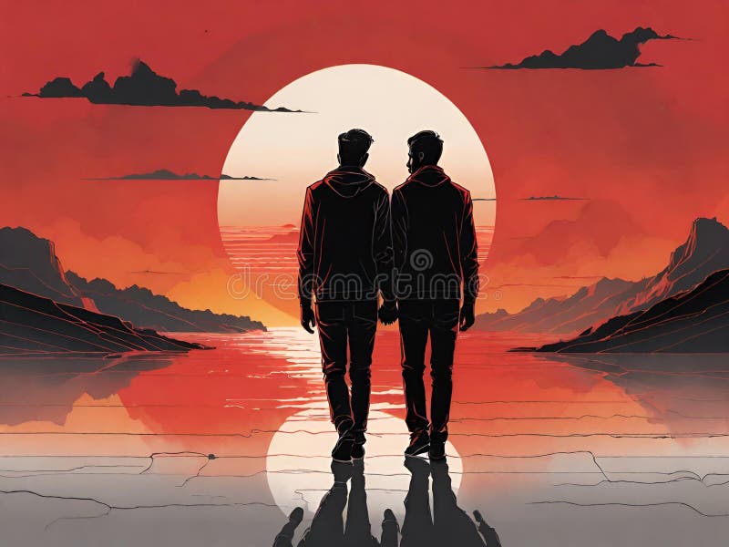 Silhouette of Two Men on the Lake Stock Illustration - Illustration of ...