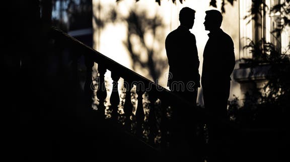 Silhouette of Two Men Talking on a Backlit Staircase Stock Illustration ...
