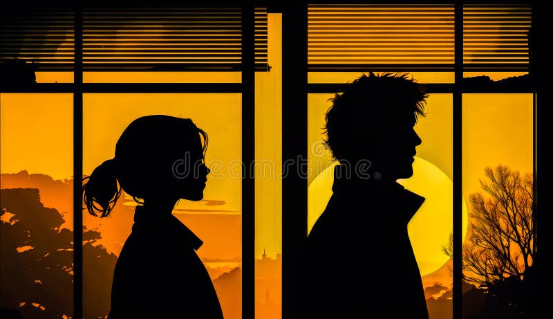 Silhouette of Two People Looking Out the Window at Sunset. Generative ...
