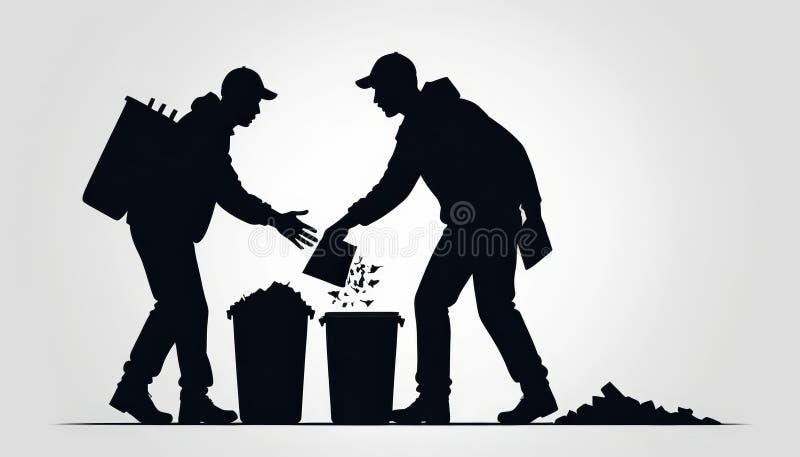 Silhouette of Two People Sorting Waste into Bins, Symbolizing Recycling ...