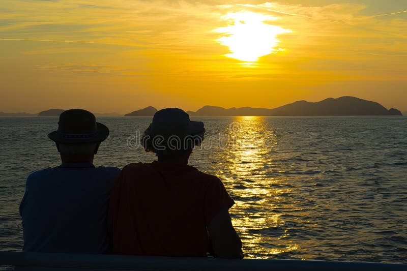Silhouette of Two People Watching Ocean Sunset with Mountains in ...