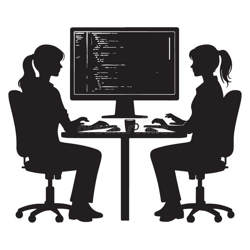 Silhouette of Two Programmers Coding and Working on Software Project Stock Illustration ...