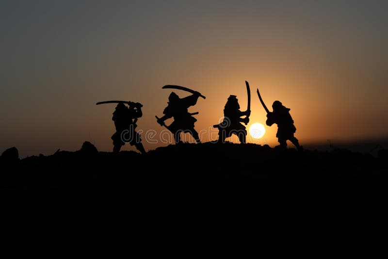 Silhouette Of Two Samurais In Duel. Picture With Two Samurais And ...