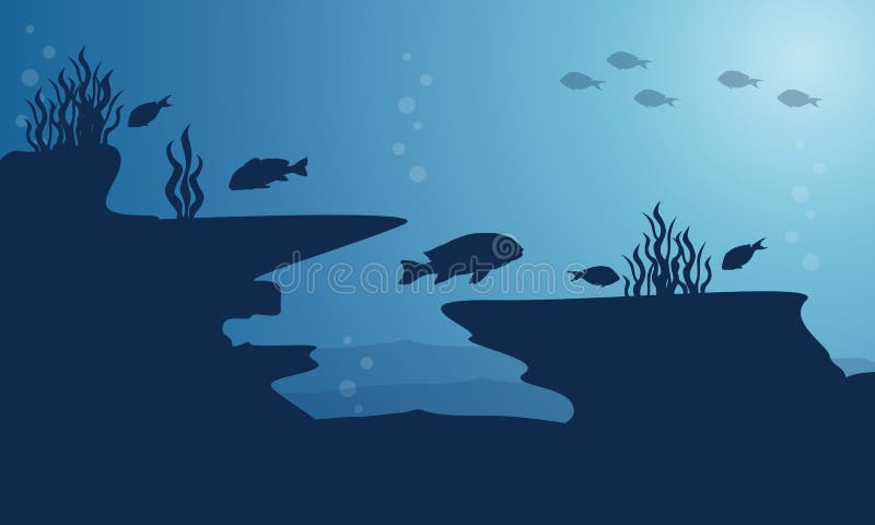 Silhouette of Underwater with Fish on Blue Sea Stock Vector ...