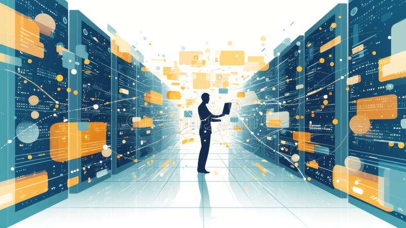 Silhouette Using Laptop in a Futuristic Data Processing Center Stock ...