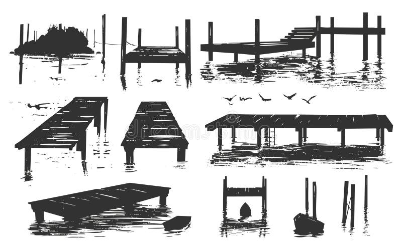 Silhouette of Various Docks and Piers Over Water with Birds. Stock ...