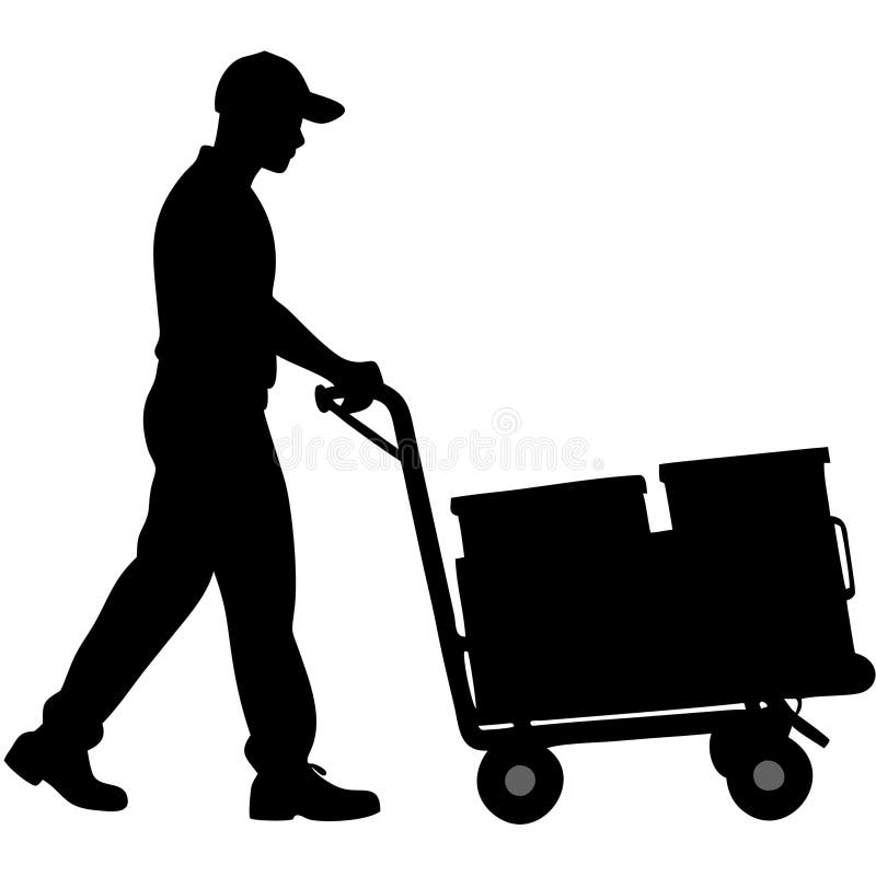 Worker Pushing Hand Truck Silhouette Vector for Logistics and Delivery ...