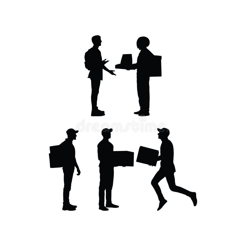 Delivery Worker Silhouette Vector Set Man Pushing Hand Truck with Boxes ...