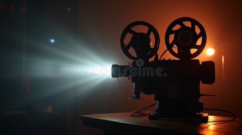 Silhouette of a Vintage Film Projector with Rays of Light Shining ...