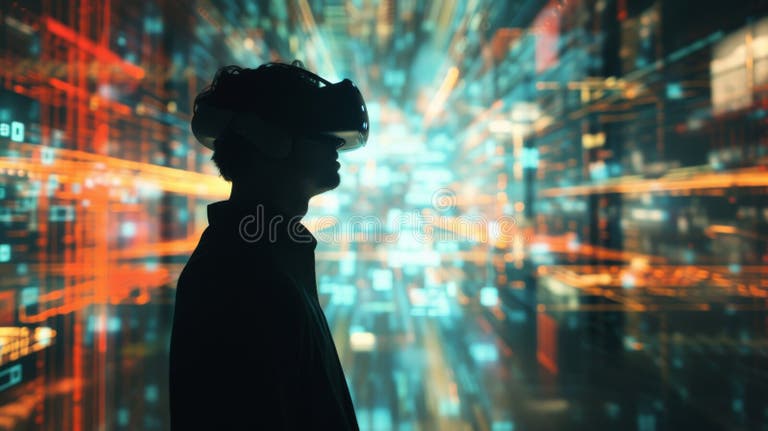 Silhouette in Virtual Environment with Shifting Visuals Stock Image ...