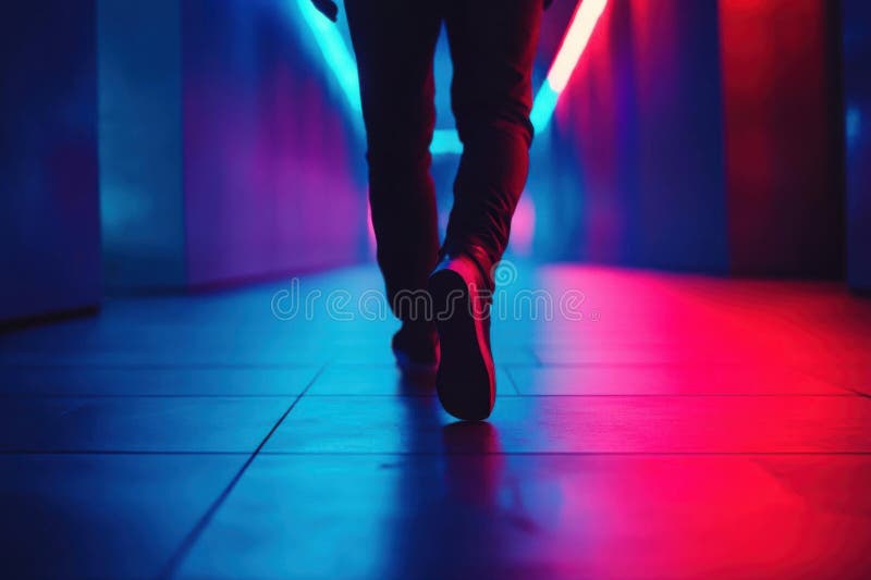 Silhouette Walk through the Neon Corridor, Explore Illuminated Passage ...