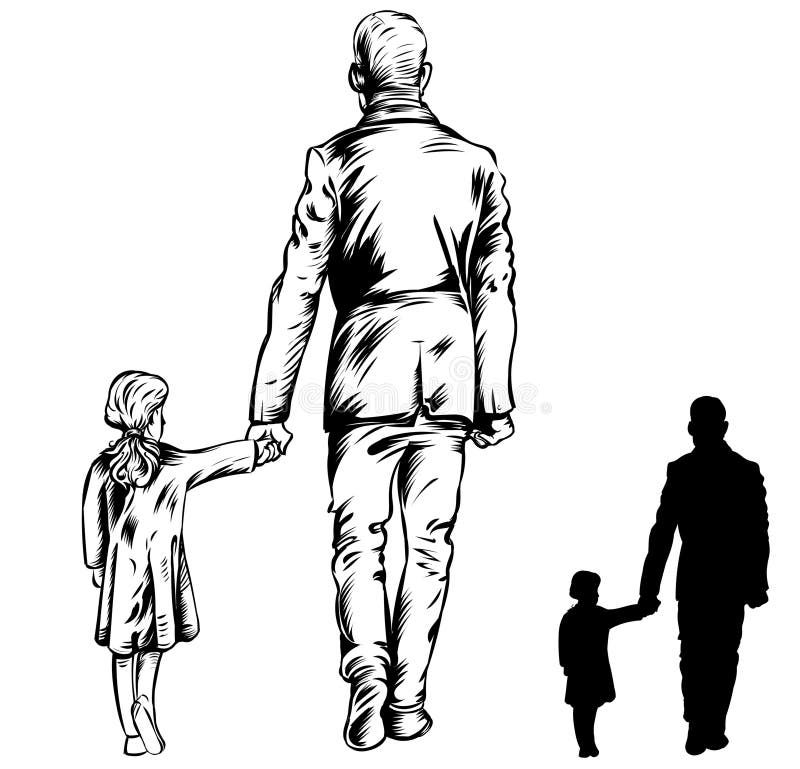 Silhouette of Walking Father with Daughter from Back. Stock Vector ...