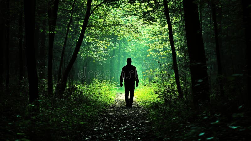 Silhouette Walking through Lush Green Forest Path, Surrounded by Trees ...
