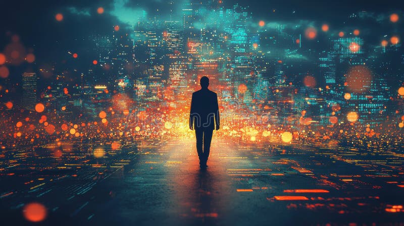 Silhouette Walking on Path of Glowing Ideas Stock Illustration ...