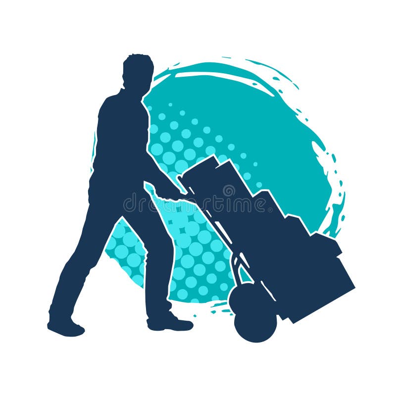 Silhouette of a Warehouse Worker Push a Lori Chart or Hand Truck Tool ...