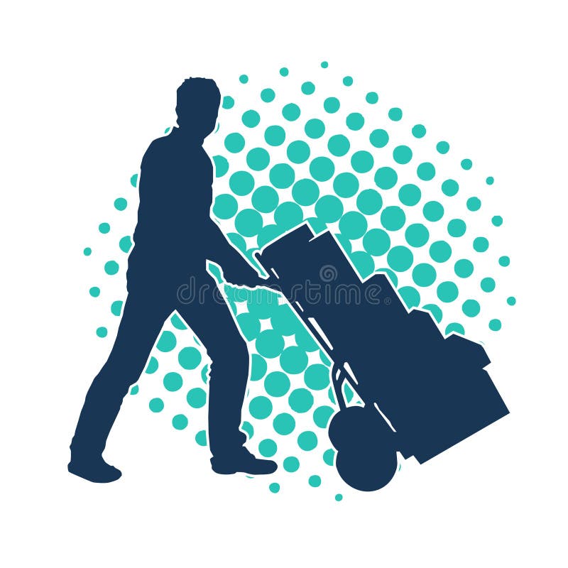 Silhouette of a Warehouse Worker Push a Lori Chart or Hand Truck Tool ...