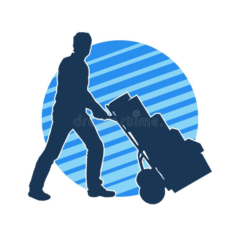 Silhouette of a Warehouse Worker Push a Lori Chart or Hand Truck Tool ...