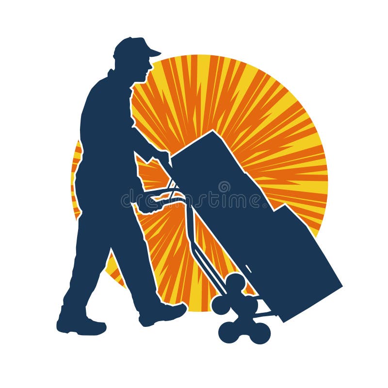 Silhouette of a Warehouse Worker Push a Lori Chart or Hand Truck Tool ...