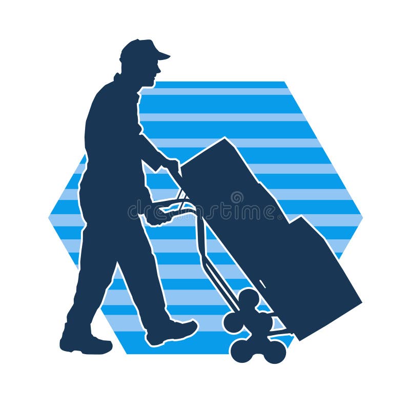 Silhouette of a Warehouse Worker Push a Lori Chart or Hand Truck Tool ...
